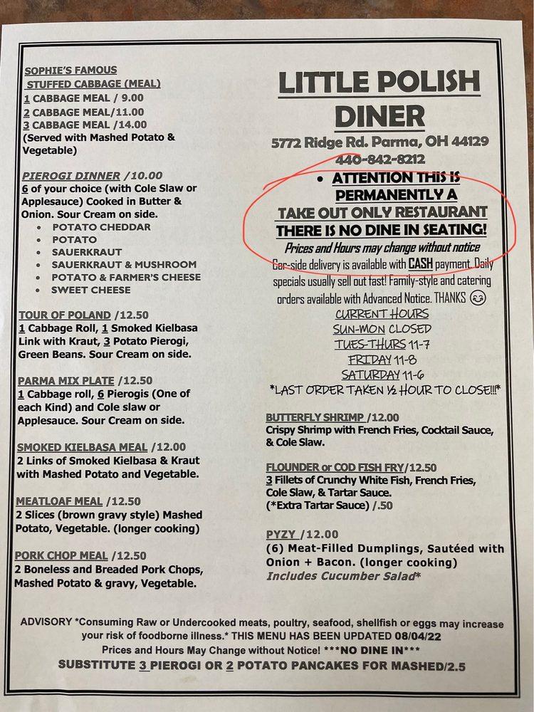 Menu at Little Polish Diner restaurant, Parma