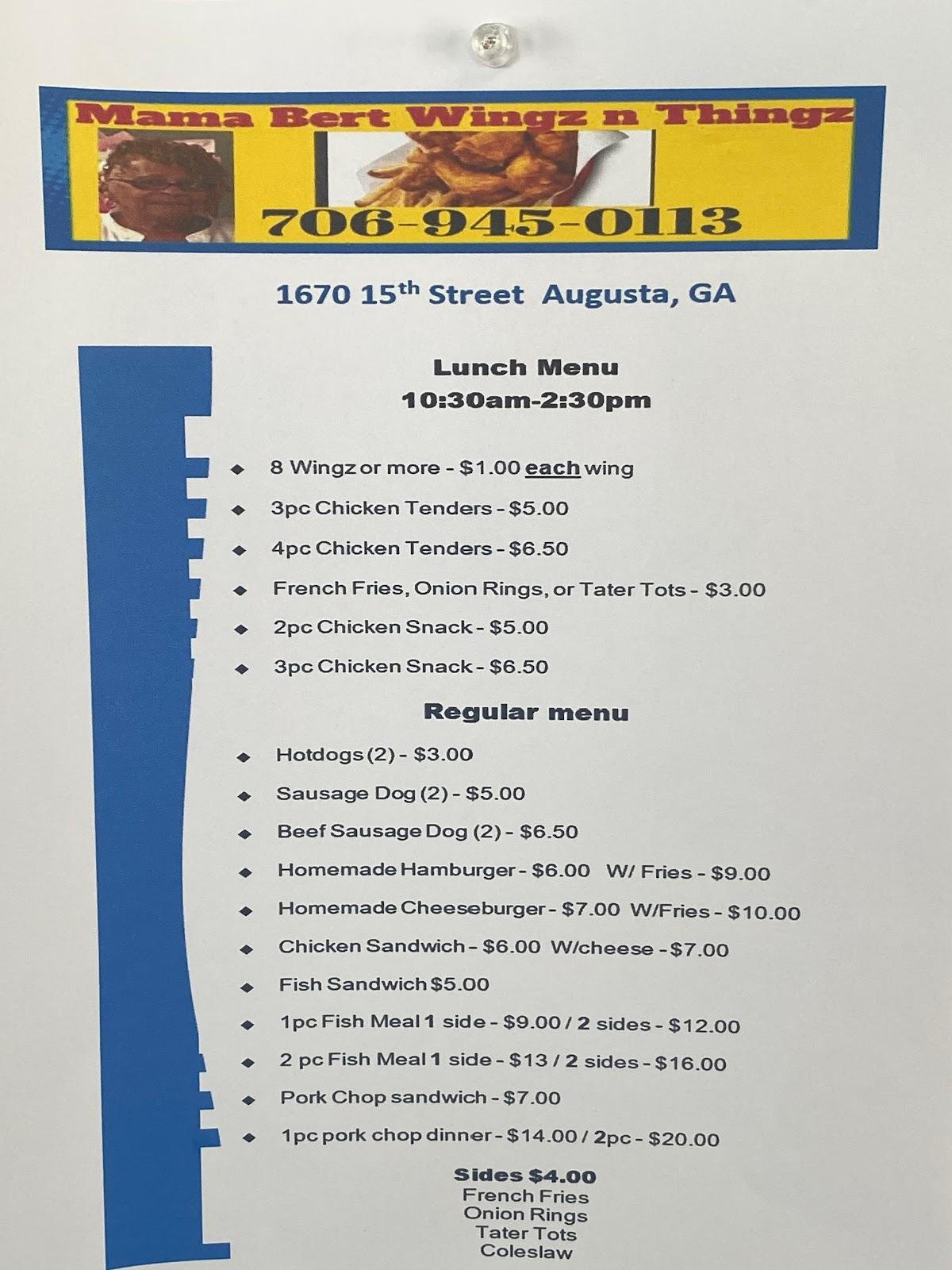 Menu at Mama Bert Wingz n Thingz restaurant, Augusta