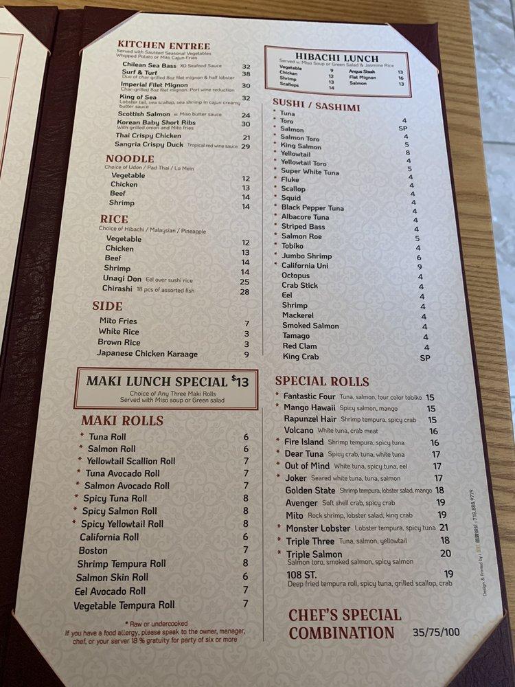 Menu at Mito Hibachi restaurant, Yonkers