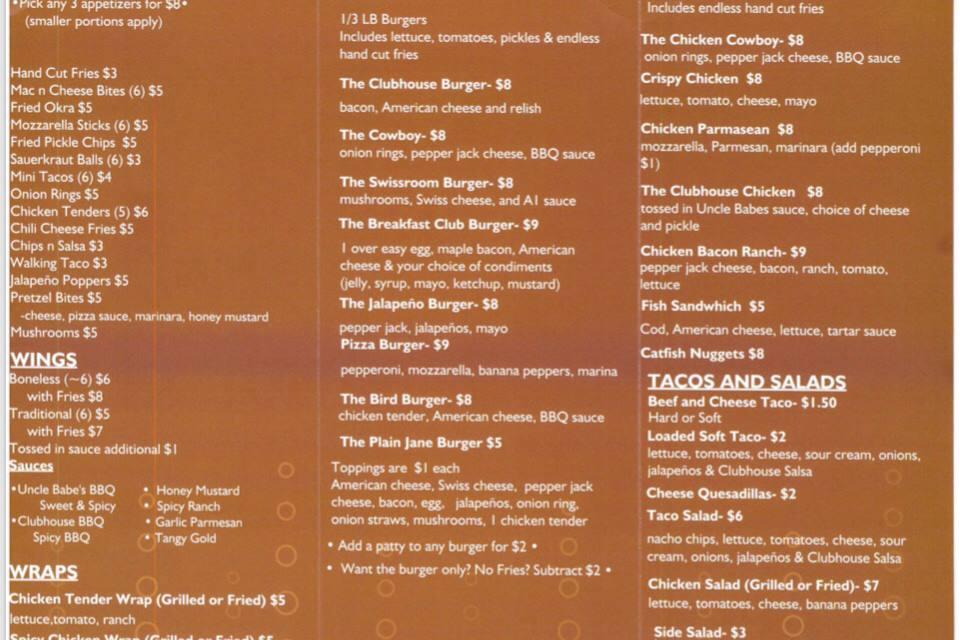 Menu at The Clubhouse, Alliance