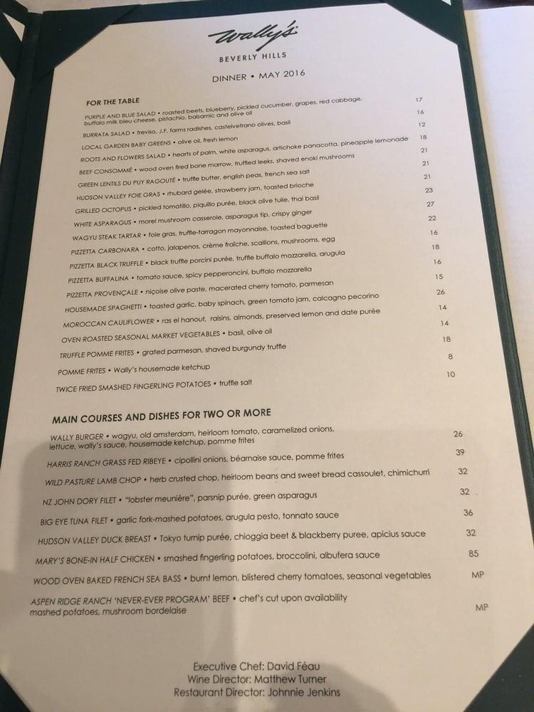 Menu at Wally's Beverly Hills restaurant, Beverly Hills, 447 N Canon Dr