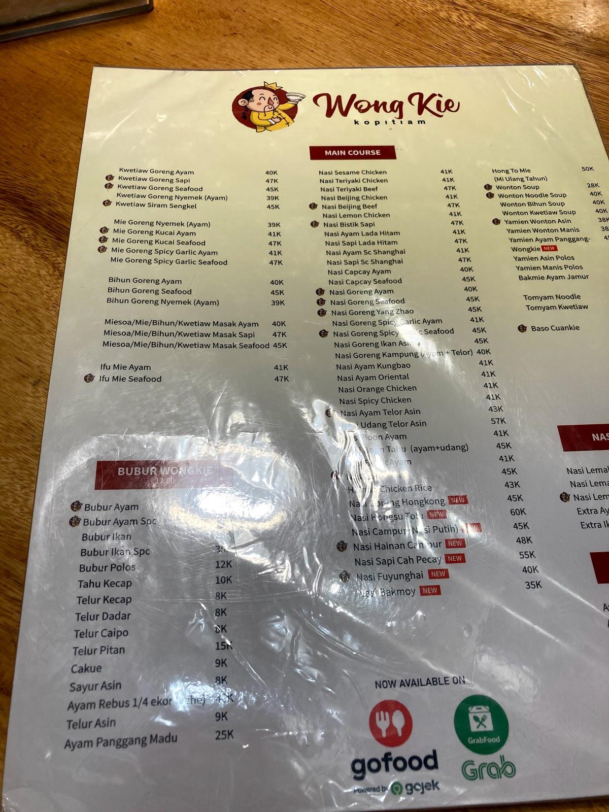Menu at Wong Kie Kopitiam restaurant, Bandung