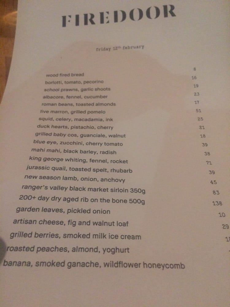 Menu at Firedoor Restaurant, Surry Hills