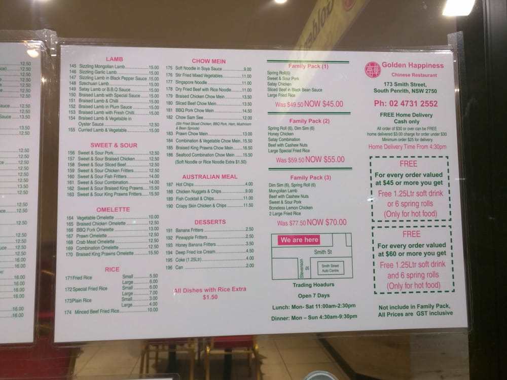 Menu at Golden Happiness restaurant, South Penrith