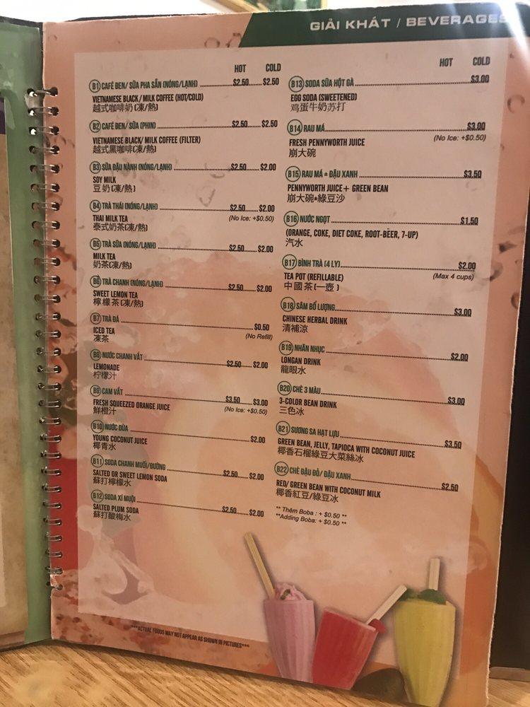 Menu at Phở Pasteur restaurant, Rosemead