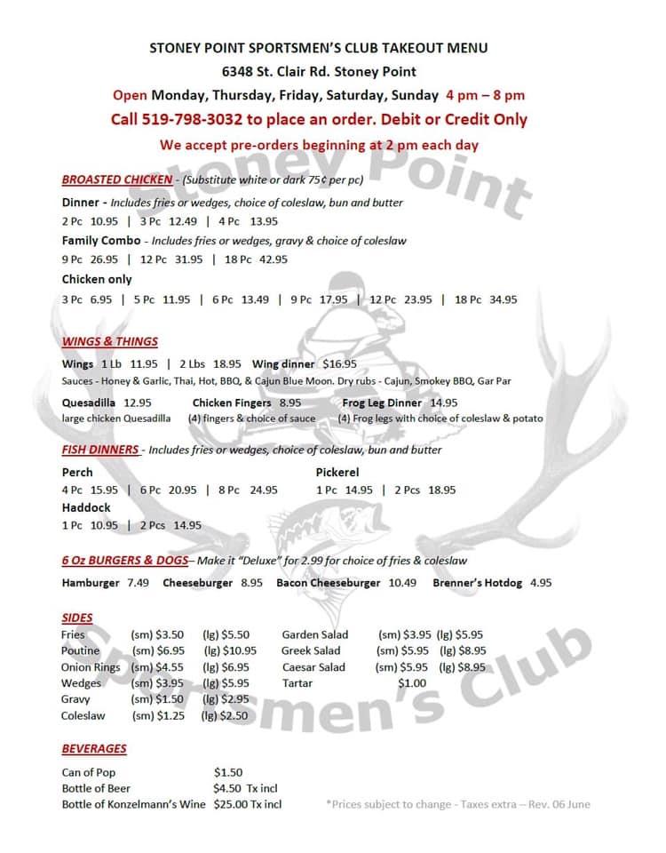 Menu at Stoney Point Sportsmen's Club, Lakeshore