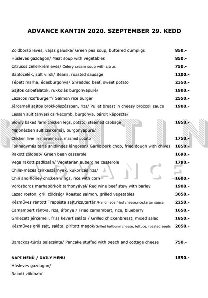 Menu at Advance Kantin restaurant, Budapest