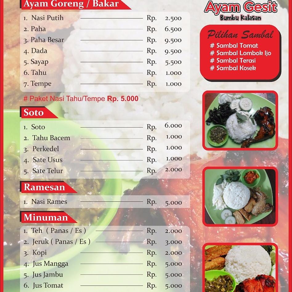 Menu at Ayam Gesit restaurant, Magelang