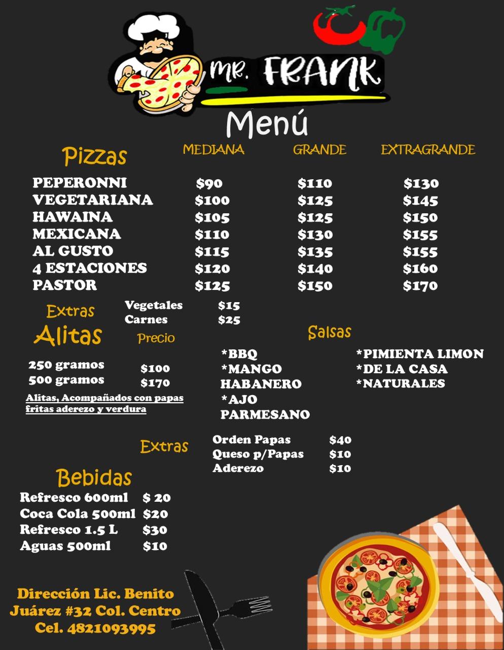Carta del restaurante Mr. Frank, Ciudad del Maíz