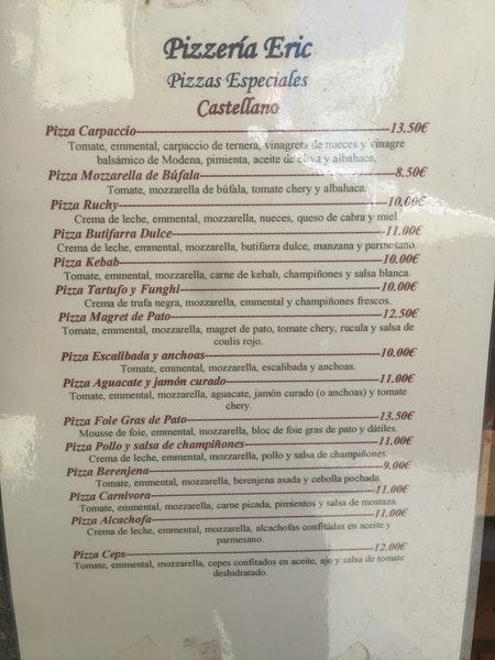 Menu at Pizzeria Eric, Sant Pere Pescador