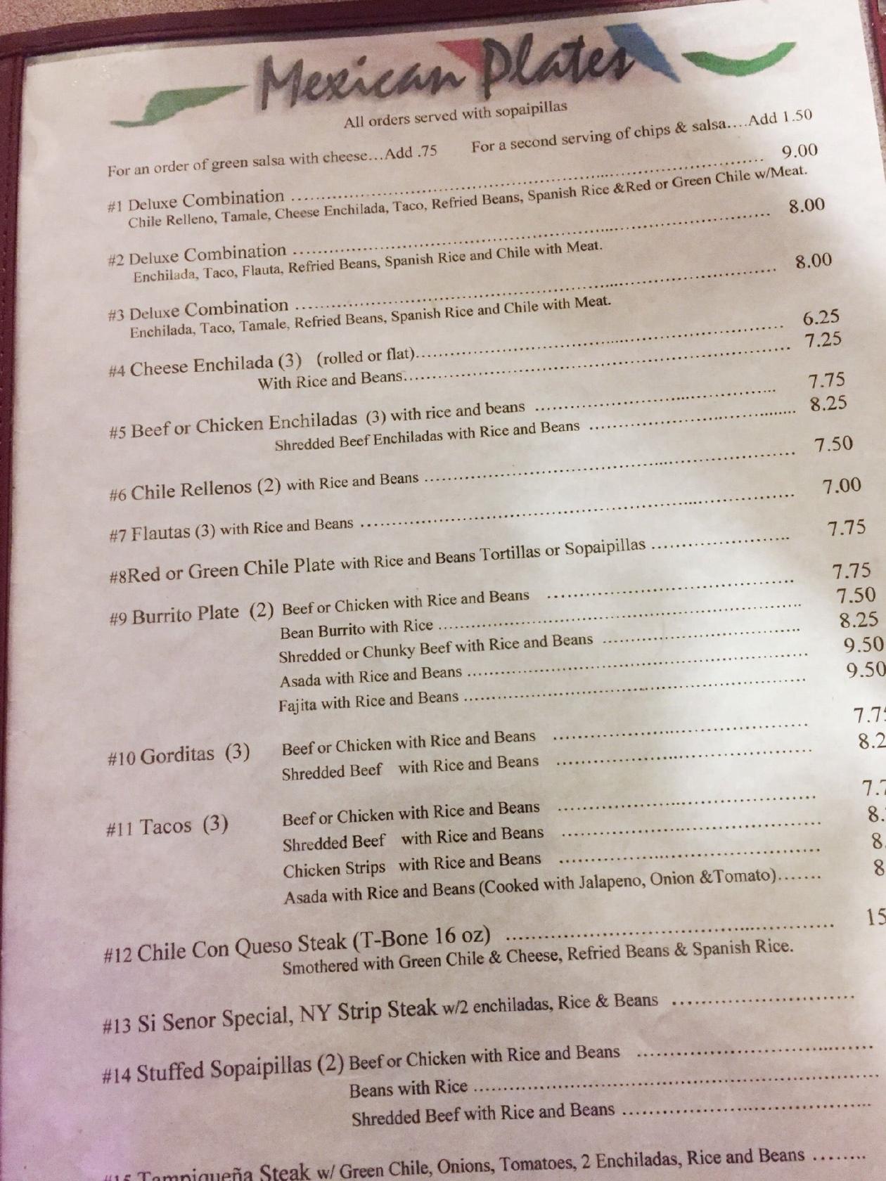 Carta del restaurante Si Señor, Deming