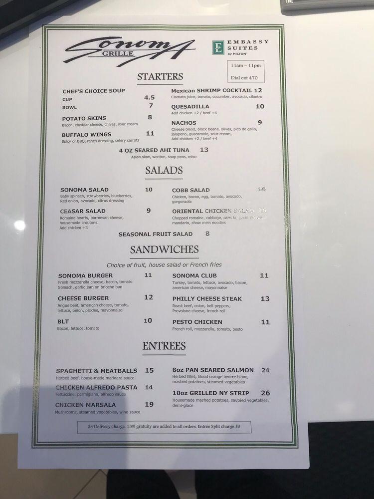 Carta de Sonoma Grille at Embassy Suites Palm Desert, Palm Desert
