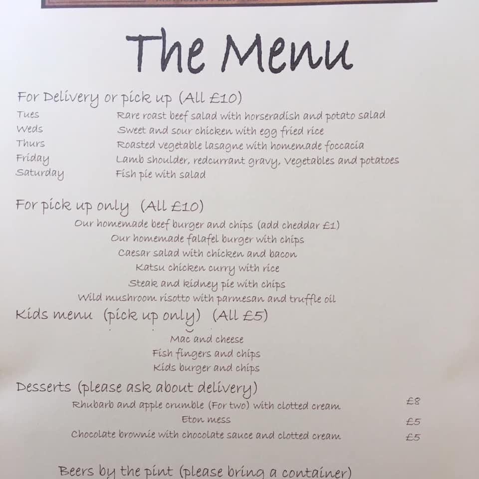 Menu at The Globe Inn pub & bar, Milverton