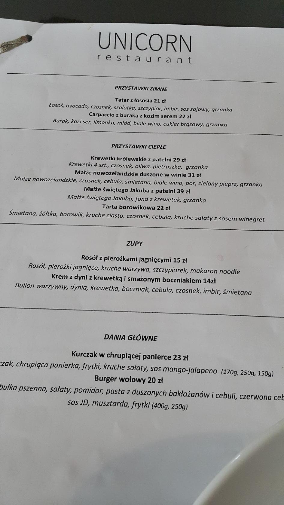Menu at Unicorn Restaurant, Sopot