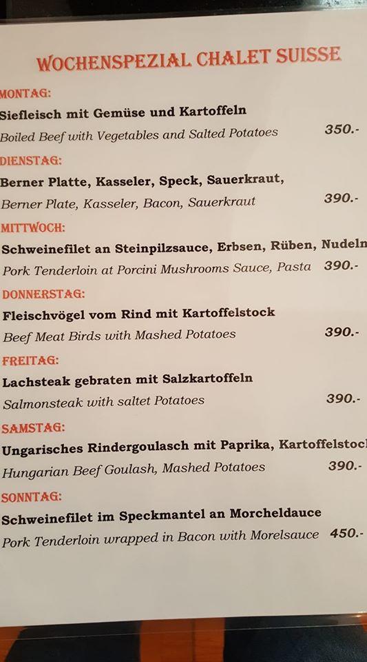 Menu at Chalet Suisse restaurant, Pattaya City