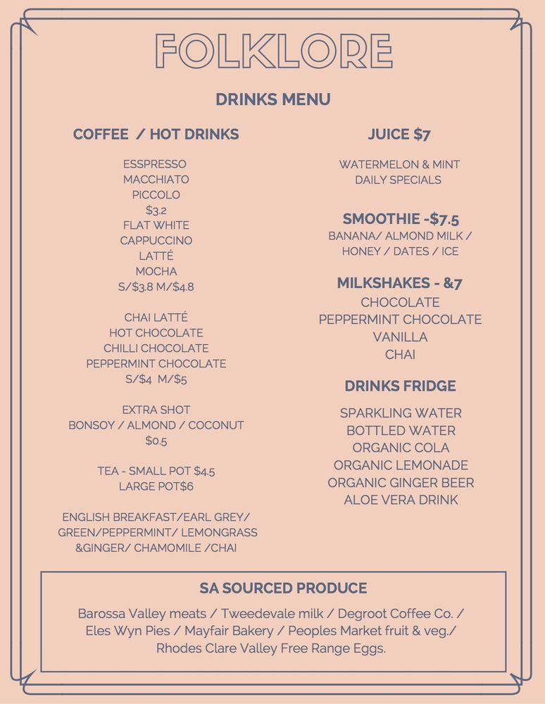 Carta de Folklore Cafe, Port Adelaide