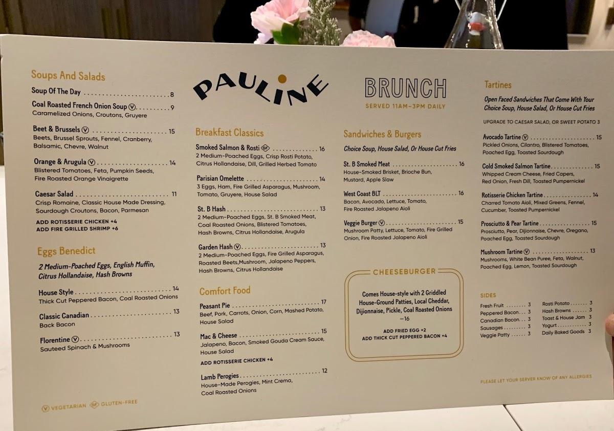Menu at Pauline restaurant, Winnipeg