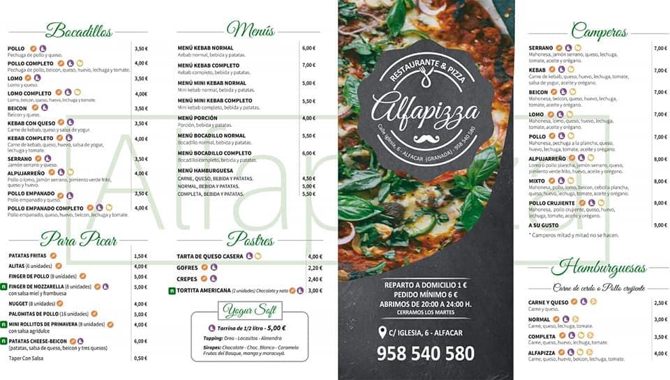 Menu at Alberto’s Pizza restaurant, Alfacar