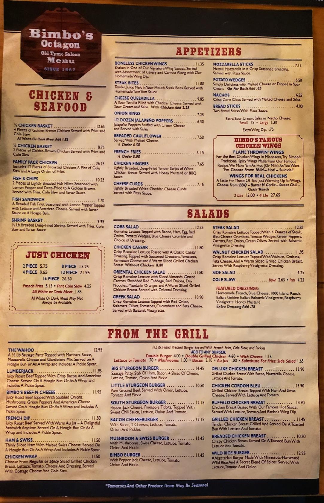 Menu at Bimbo's Octagon pizzeria, Side Lake, Hwy 5