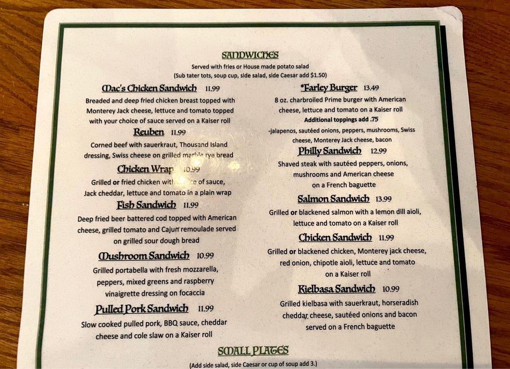 Menu at Farley Mac's pub & bar, Simsbury