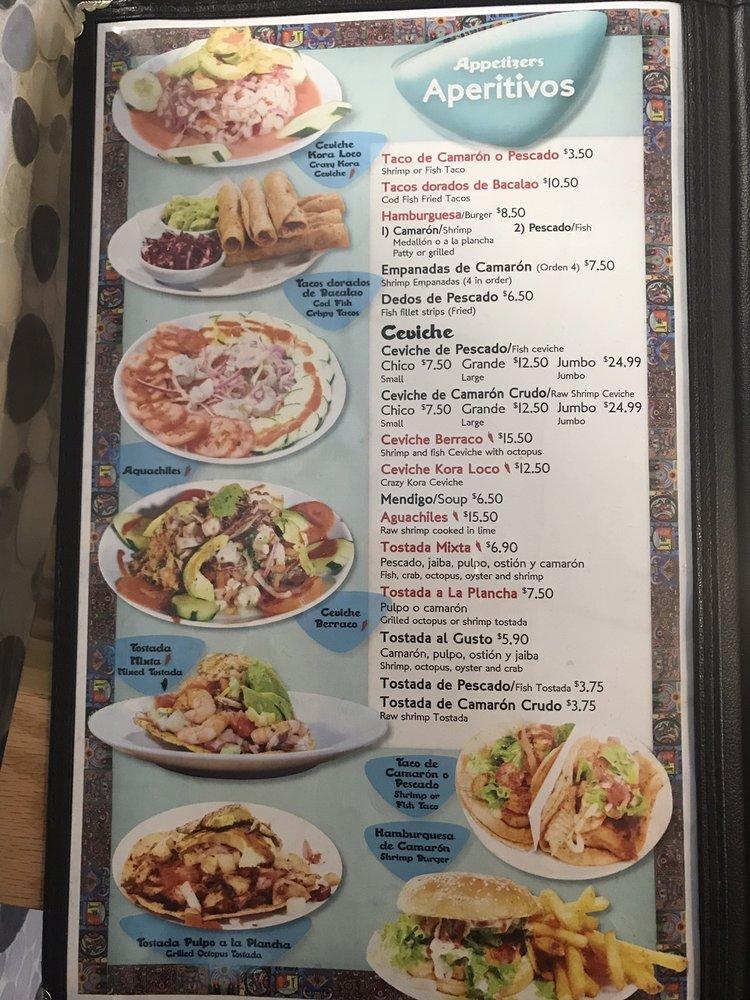 Menu at Mariscos El Kora restaurant, Chicago, S Archer Ave