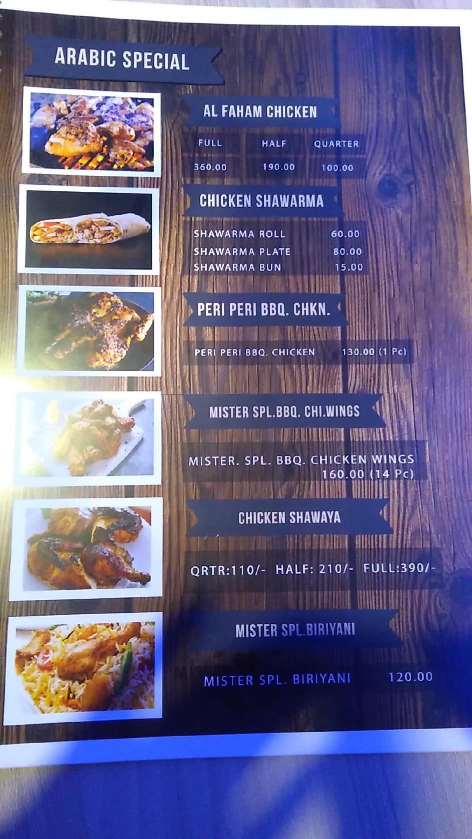 Menu at Mister baker, Ottapalam, east
