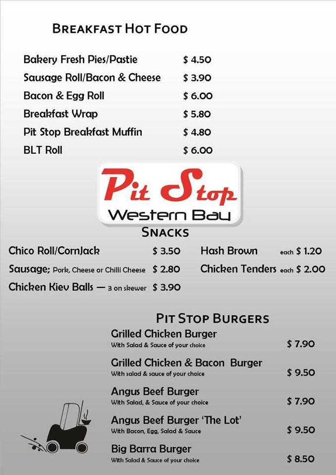 Menu at Pit Stop Kiosk, Market City, Canning Vale