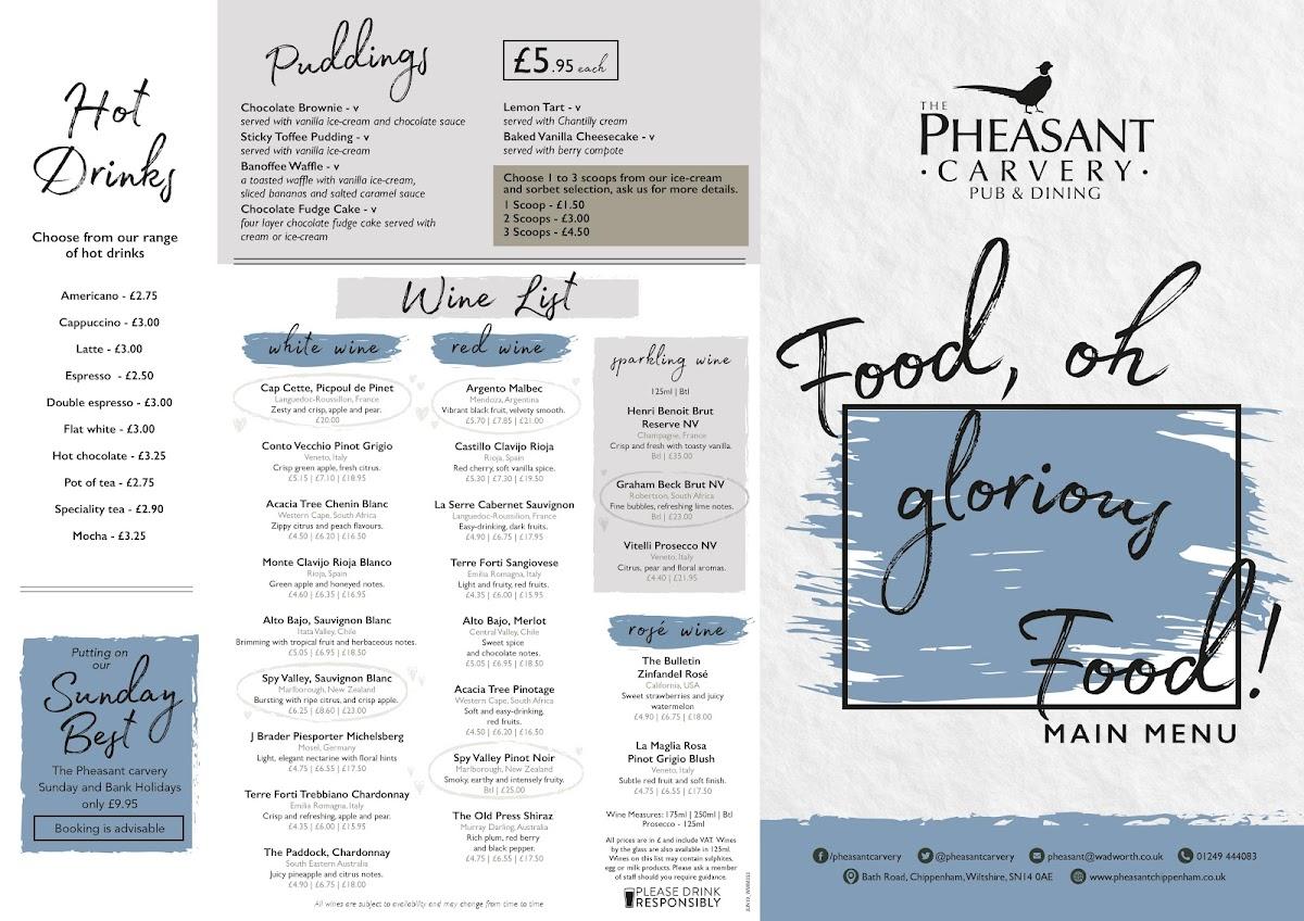 Menu at The Pheasant restaurant, Chippenham