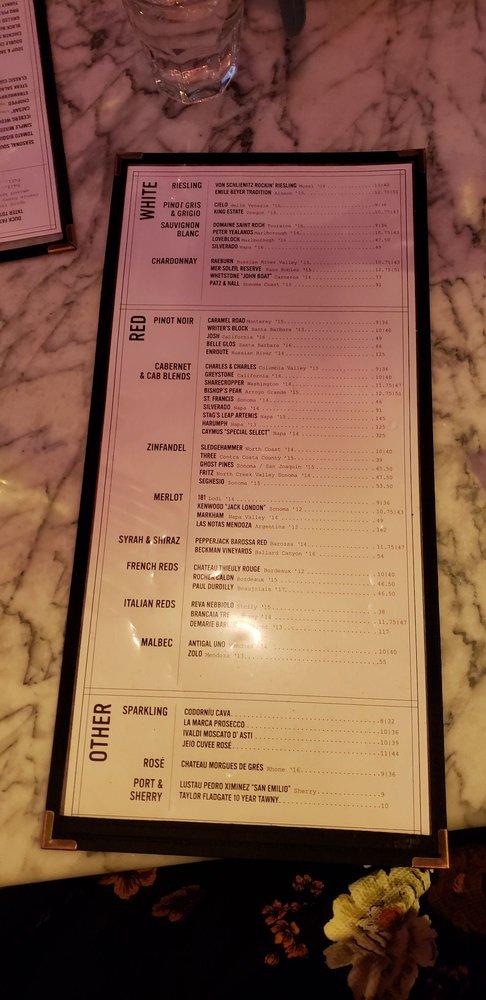 Menu at Merchants steakhouse, Nashville