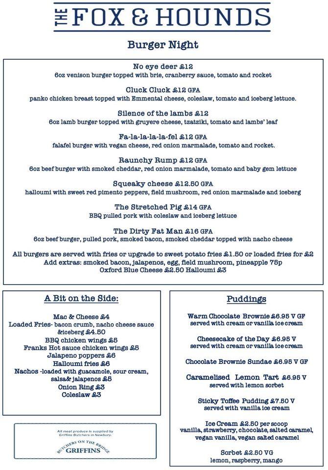 Menu at The Fox and Hounds pub & bar, Newbury