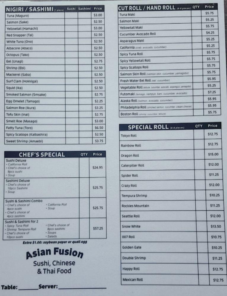 Menu at Asian Fusion restaurant, Gypsum