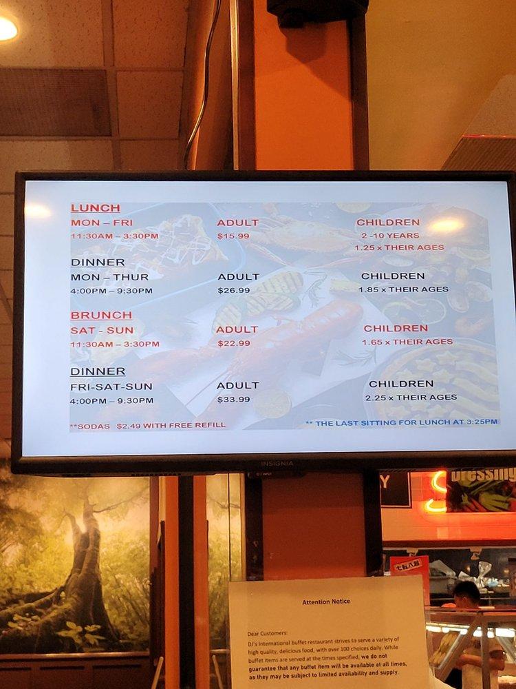 Menu at DJ's International Buffet restaurant, Garden City