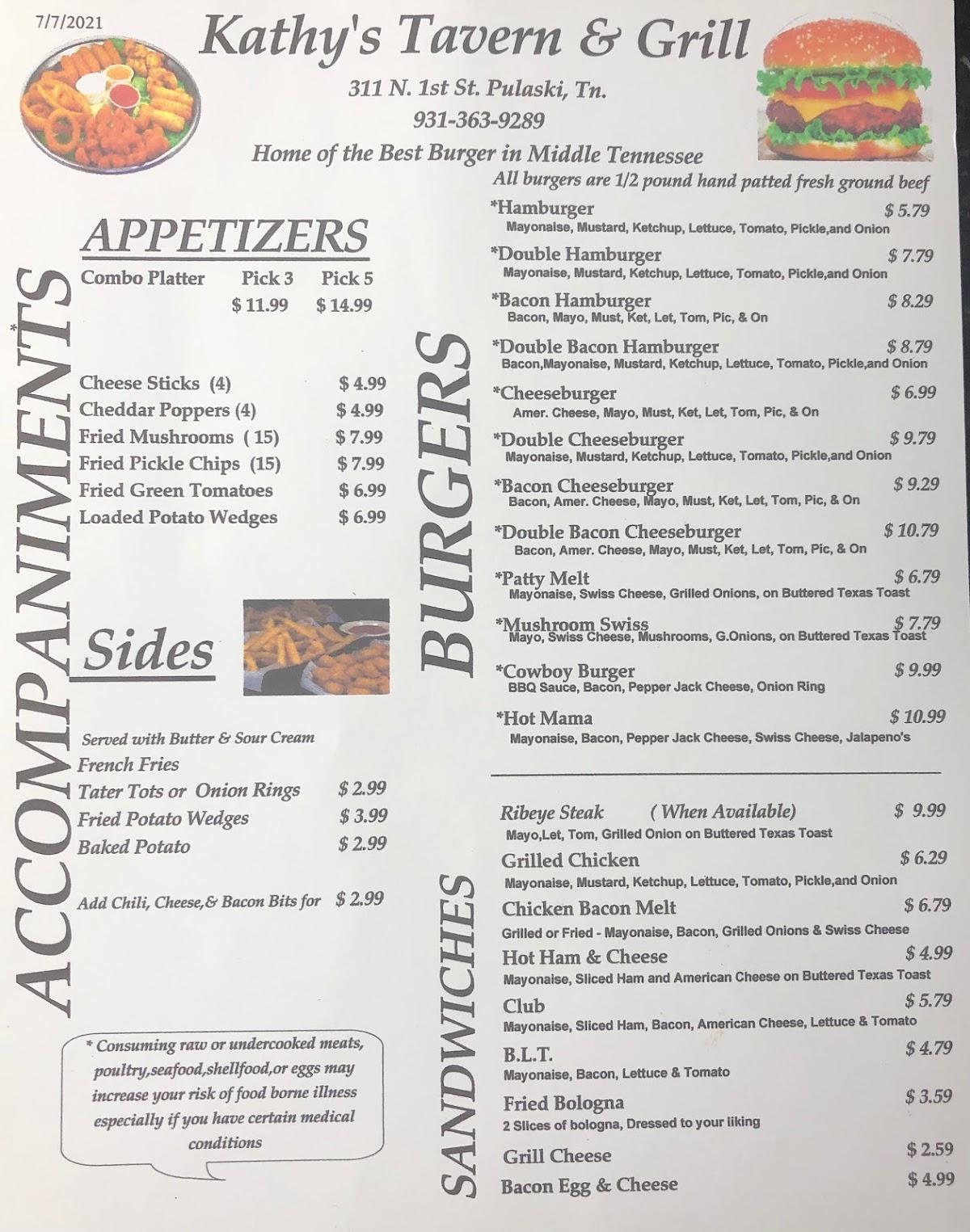 Menu at Kathy's Bar & Grill, Pulaski