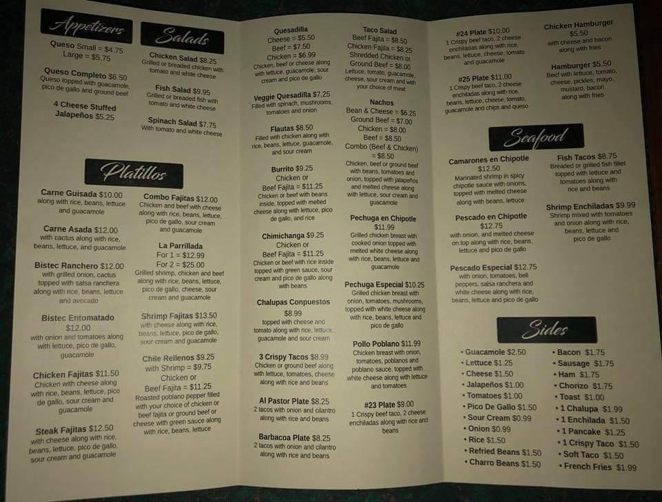 Menu at Los Dos Hermanos Tex-Mex restaurant, Lexington