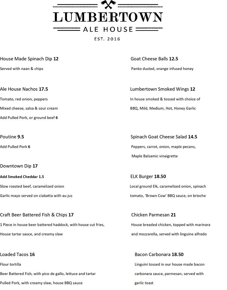 Menu at Lumbertown Ale House pub & bar, Arnprior
