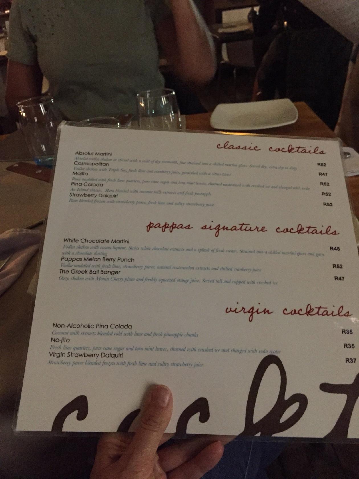 Menu at Pappas on the Square restaurant, Sandton