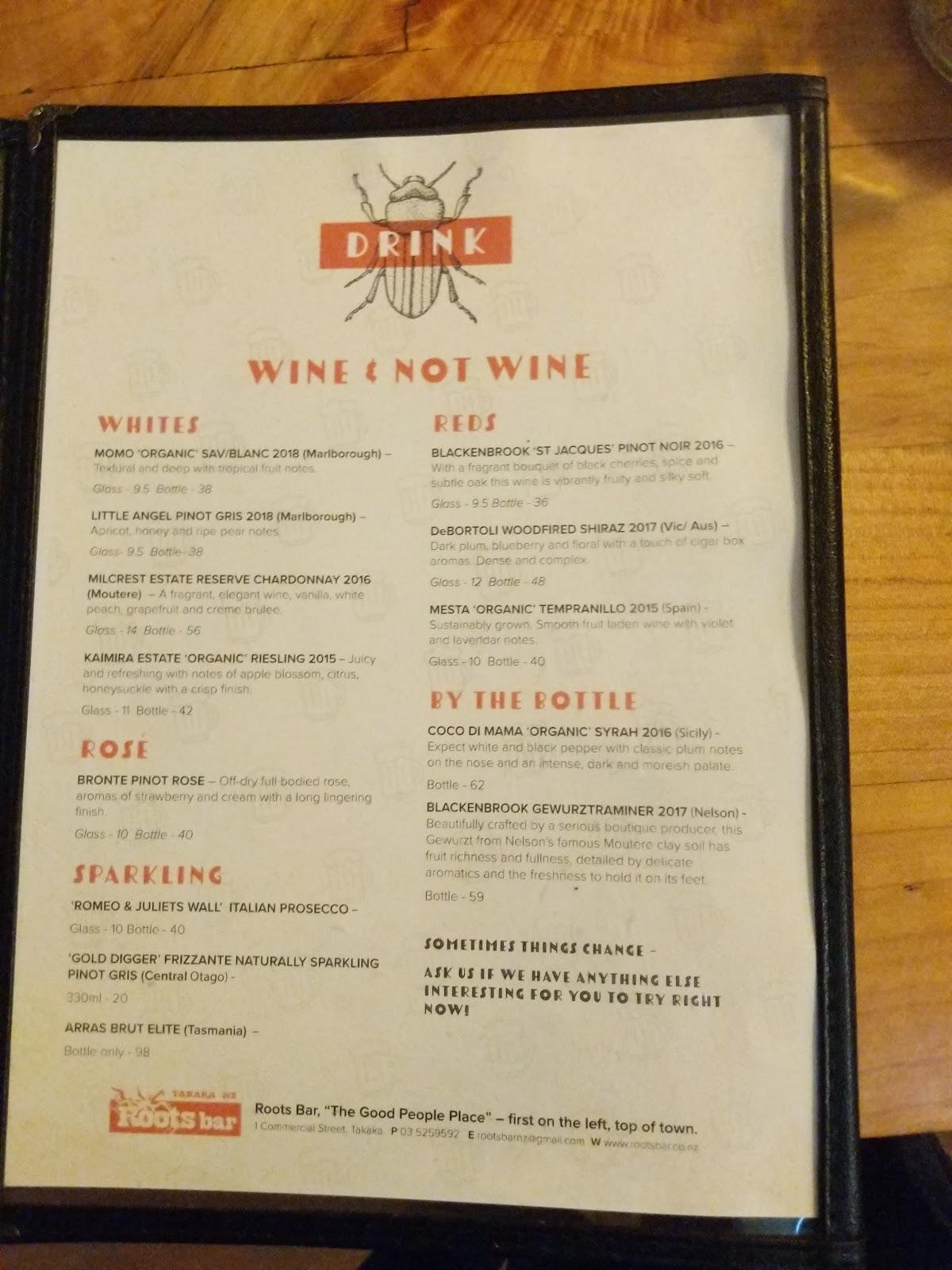 Menu at Roots Bar, Takaka