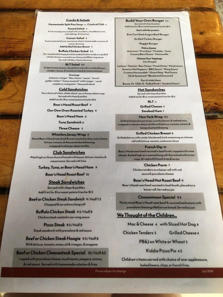 Menu at Whistlers Inn pub & bar, Cinnaminson