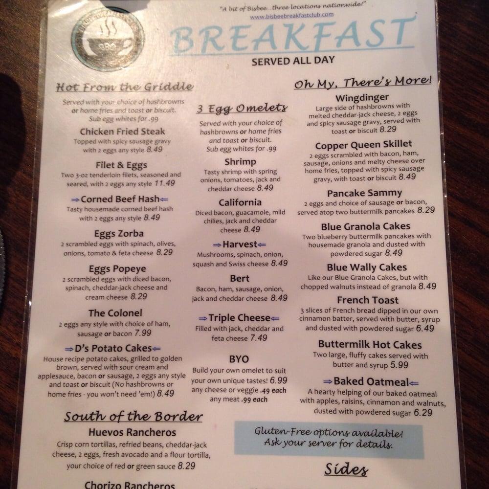 Menu at Bisbee Breakfast Club, Tucson, W Ina Rd