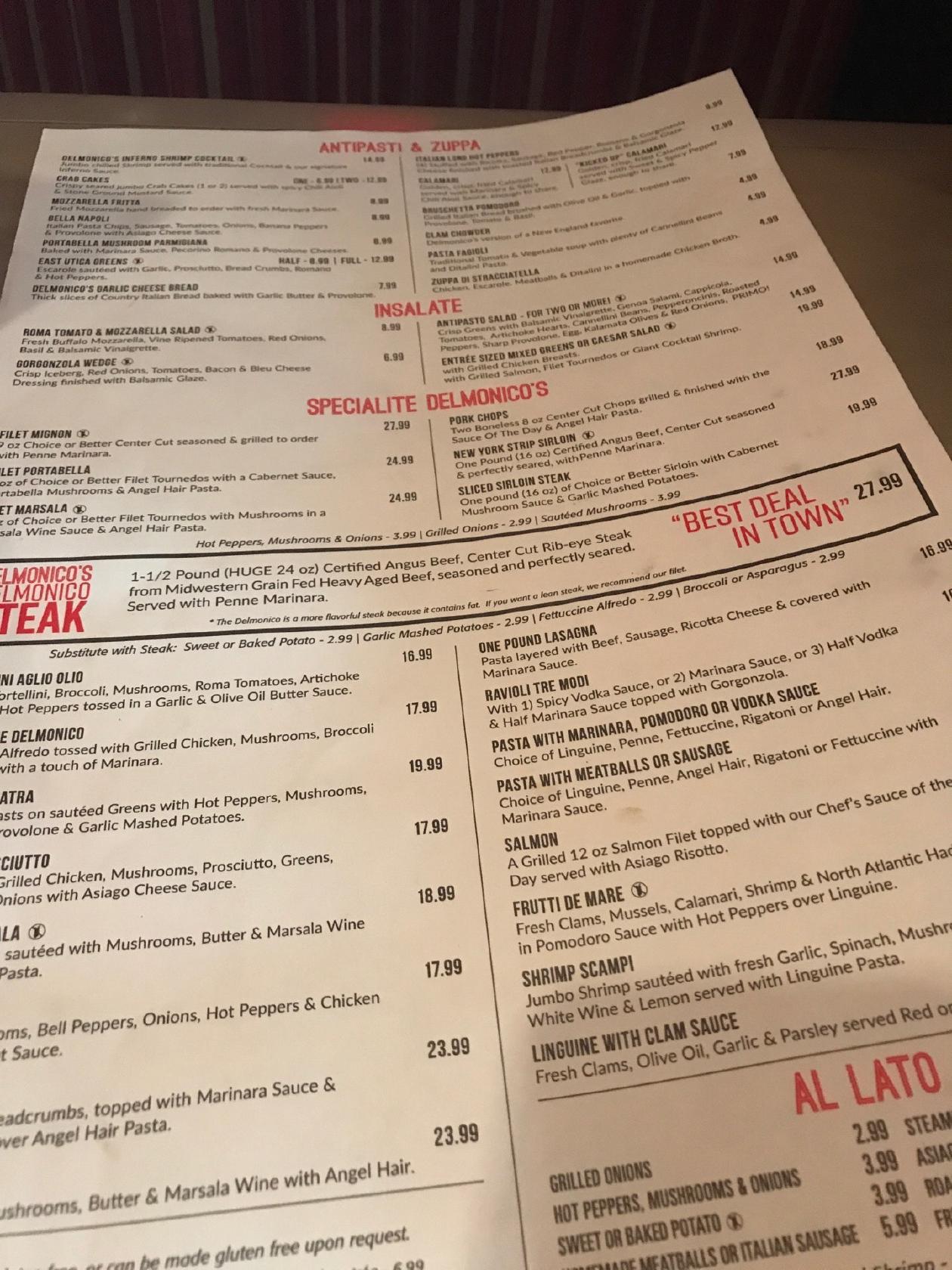 Menu at Delmonico's Italian Steakhouse, USA