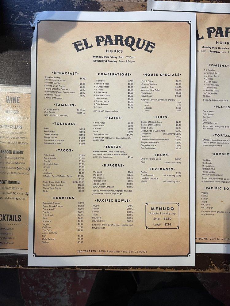 Menu at El Parque restaurant, Fallbrook, Reche Rd