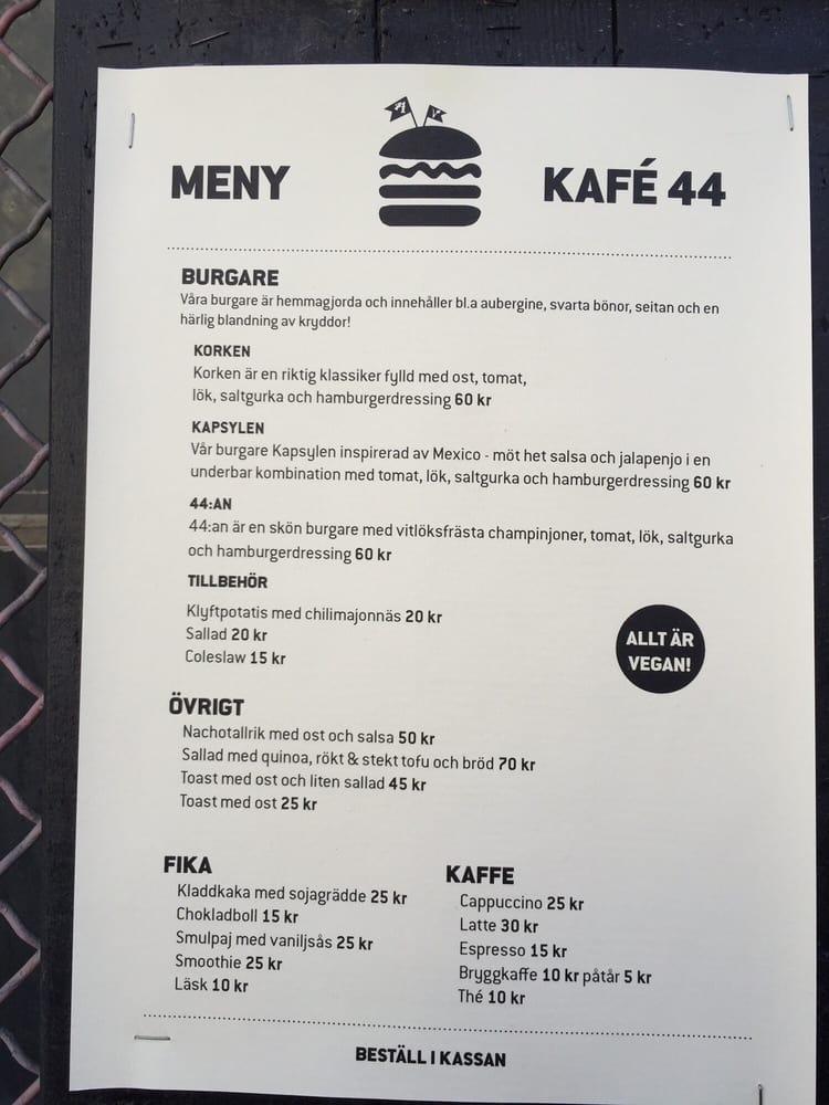 Menu at Kafé 44 cafe, Stockholm, Tjärhovsgatan 46