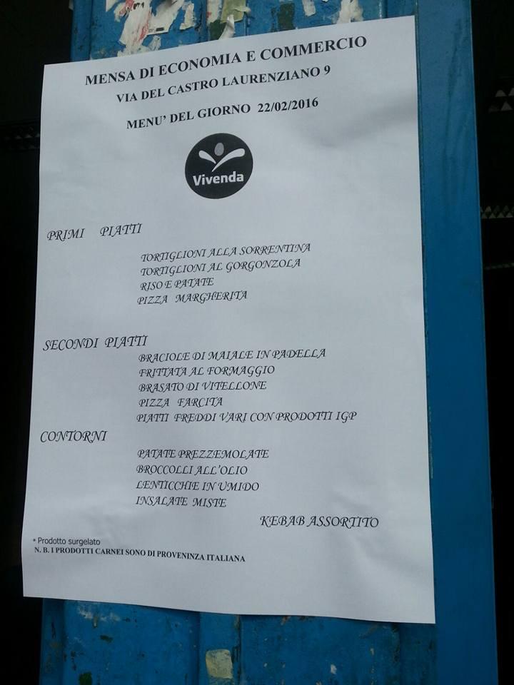 Menu at Mensa Economia La Sapienza cafeteria, Rome