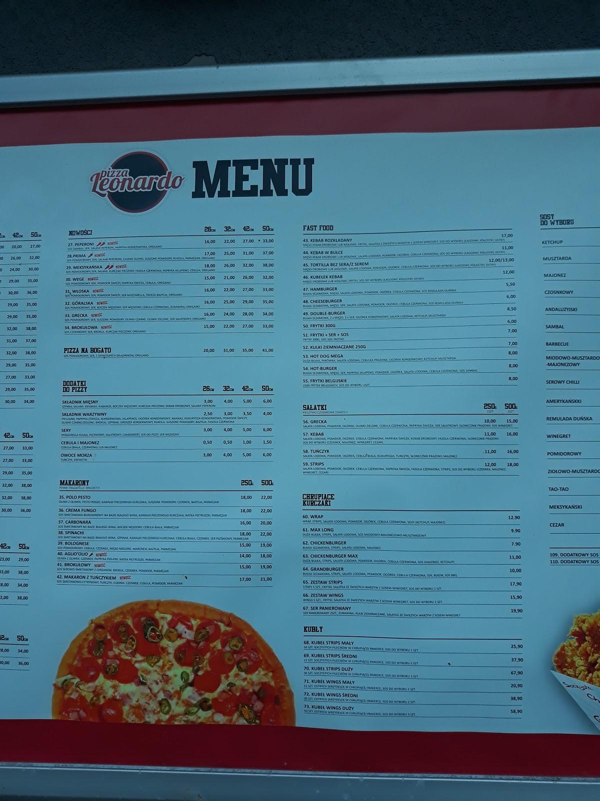 Menu at Pizza Leonardo restaurant, Bochnia