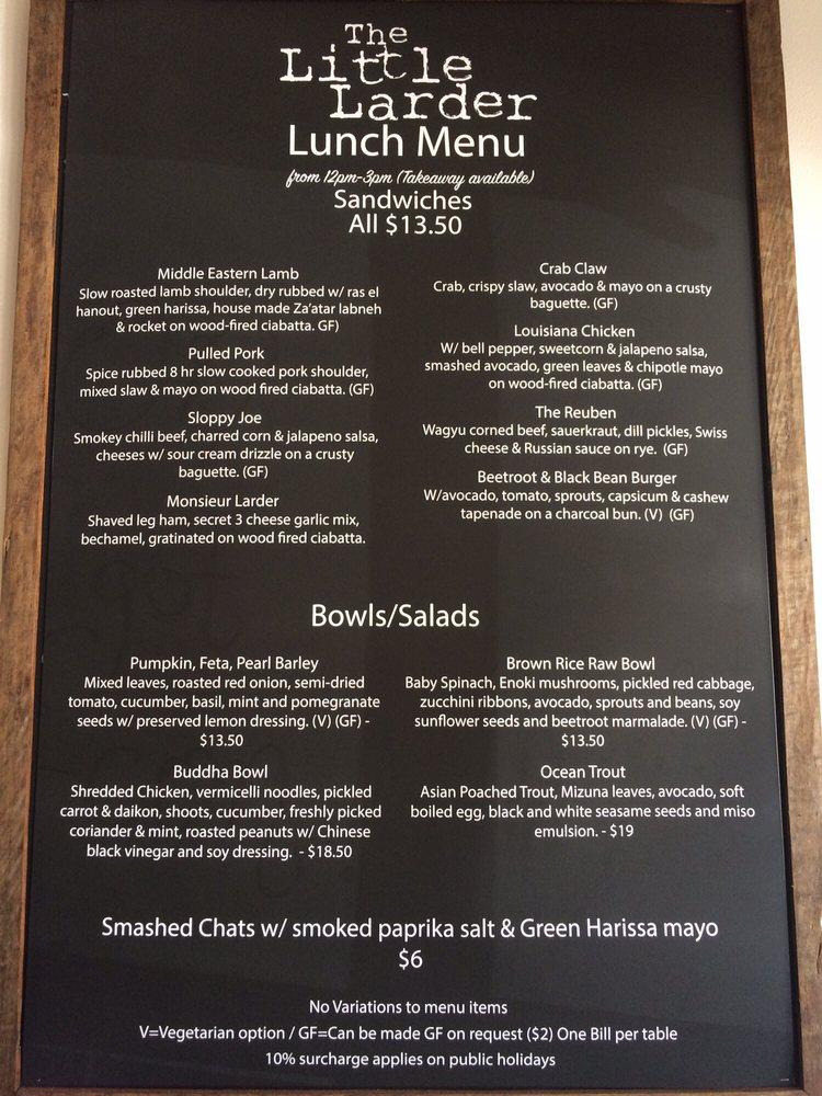 Menu at The Little Larder cafe, Port Douglas