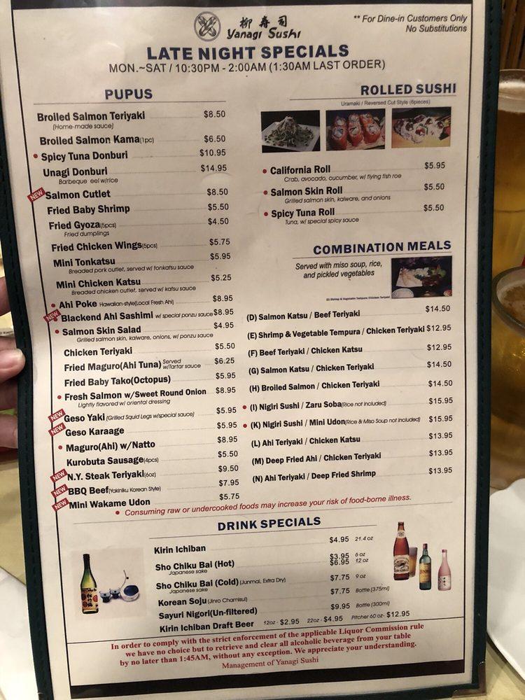 Menu at Yanagi Sushi restaurant, Honolulu