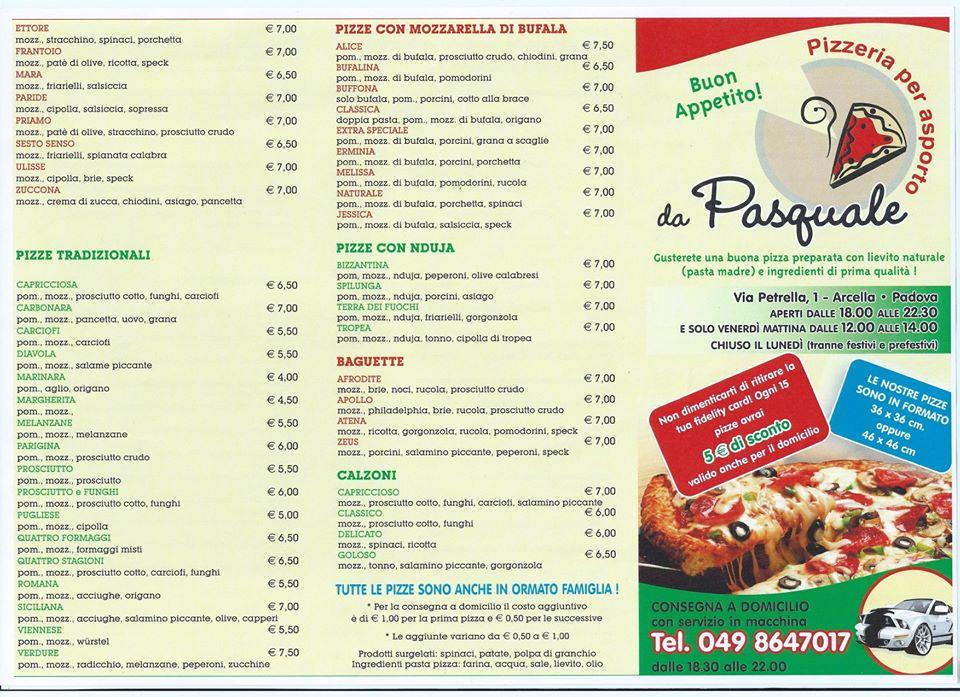 Menu at Da Pasquale pizzeria, Padua