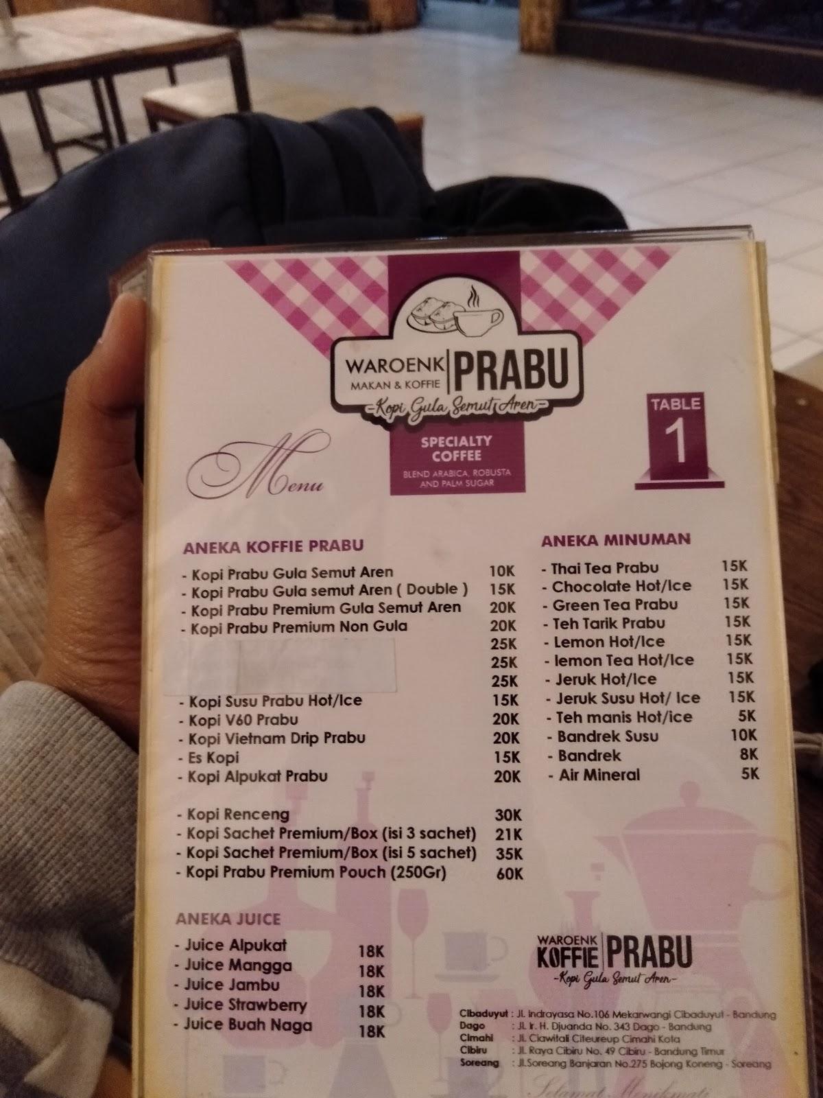 Menu at Koffie Prabu Cibiru restaurant, Bandung