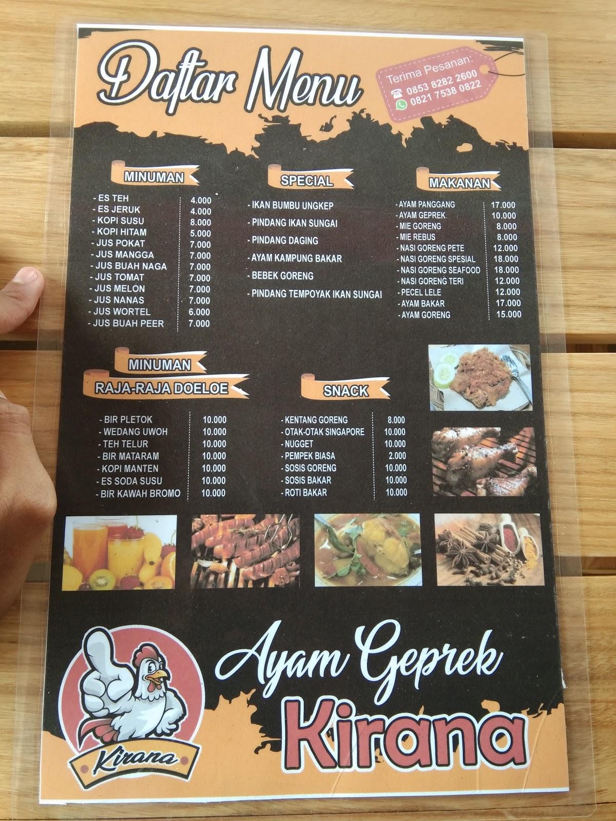 Menu at Rumah Makan Ayam Geprek Kirana restaurant, Indonesia