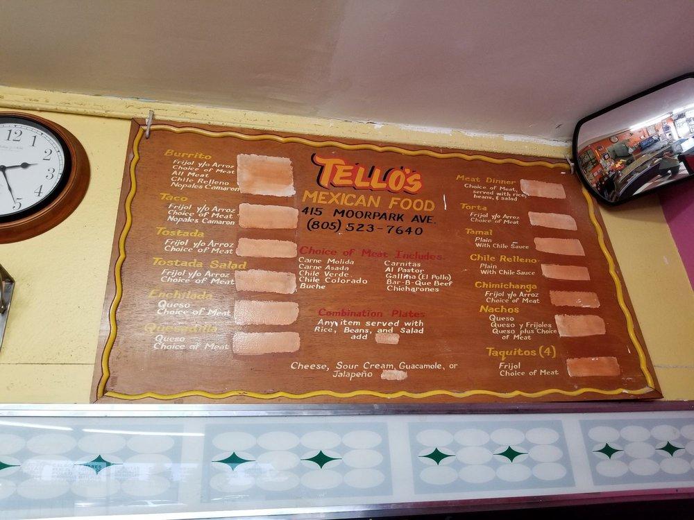 Menu at Tello's Mexican Food restaurant, Moorpark